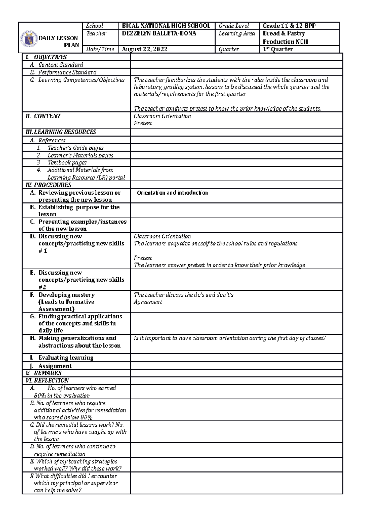082222 Orientation - DAILY LESSON PLAN School BICAL NATIONAL HIGH ...