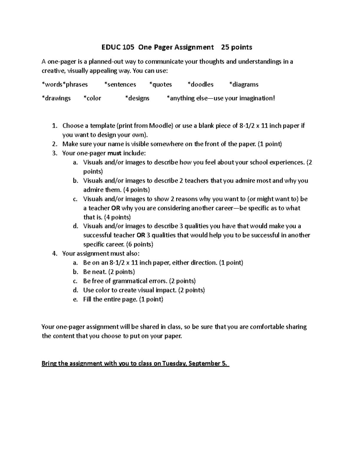 One Pager Assignment Directions - EDUC 105 One Pager Assignment 25 ...