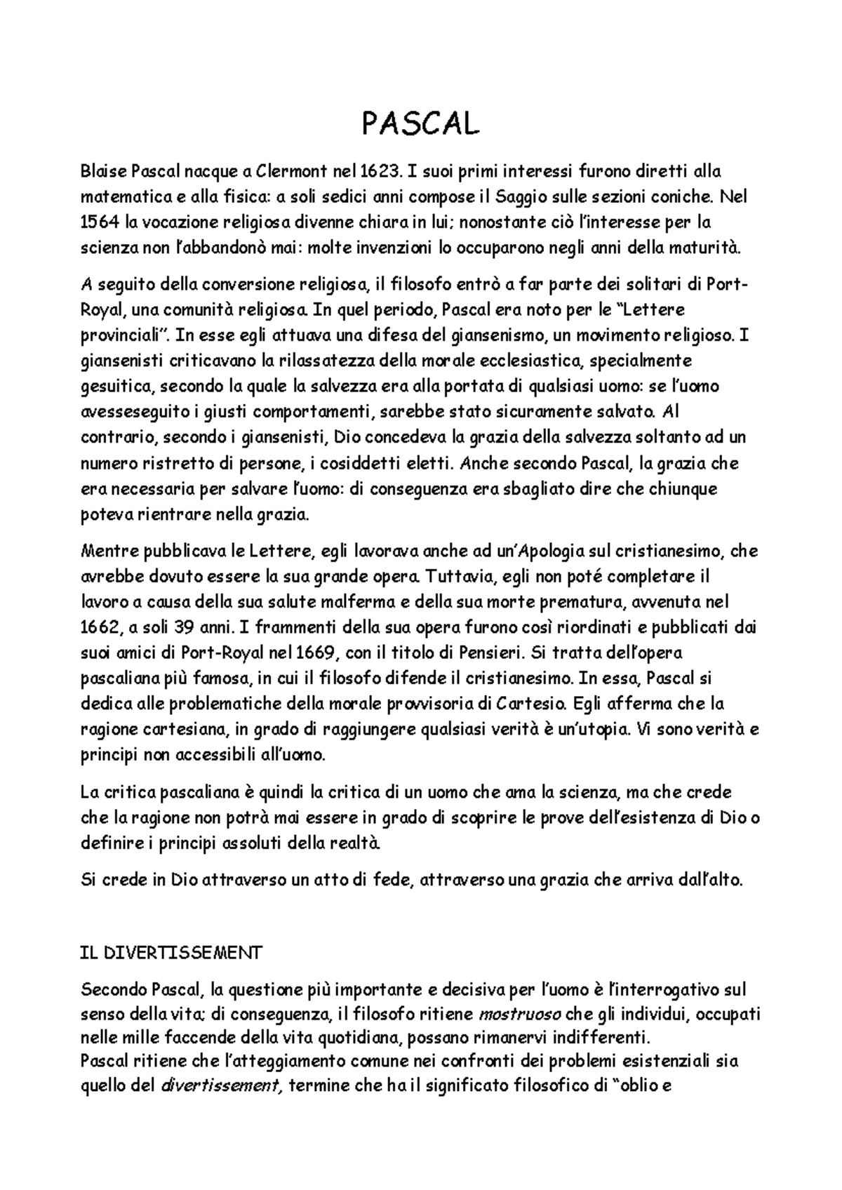 Pascal - Riassunto Storia della filosofia - PASCAL Blaise Pascal nacque ...