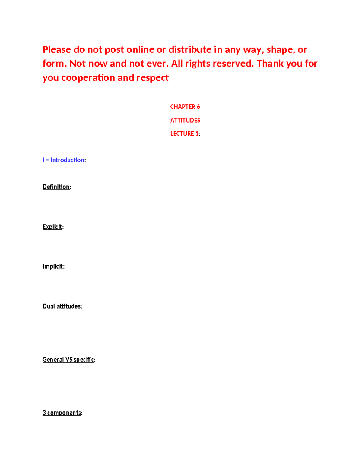 Bullet Points CH 6 Attitudes LECT 1 - Please do not post online or distribute in any way, shape ...