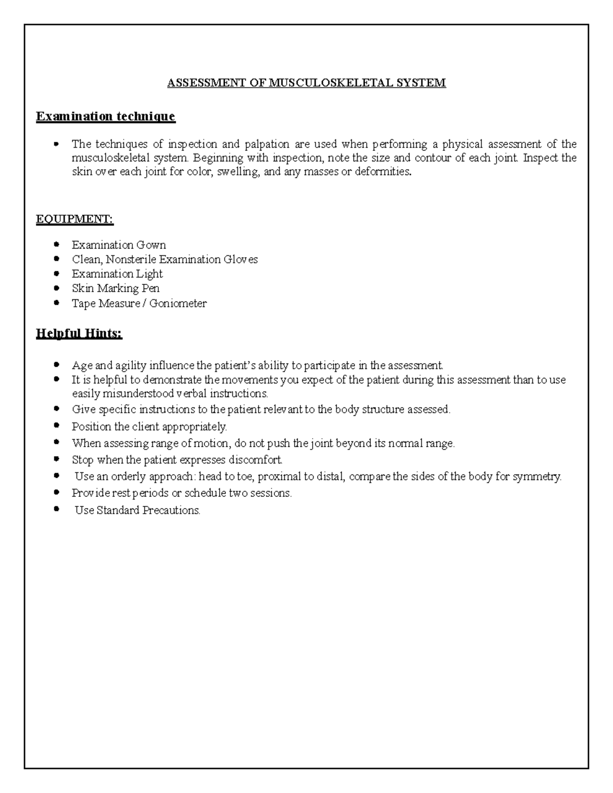 Muscloskeletal Assessment (Upper and Lower) Handout - ASSESSMENT OF ...