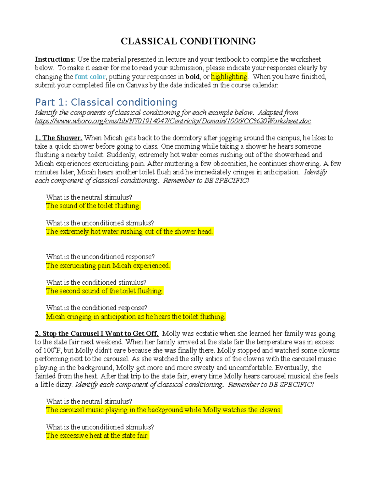Classical Conditioning - CLASSICAL CONDITIONING Instructions: Use the ...