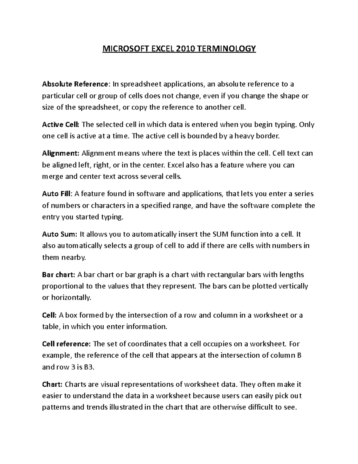 Microsoft Excel 2010 Terminology - MICROSOFT EXCEL 2010 TERMINOLOGY ...