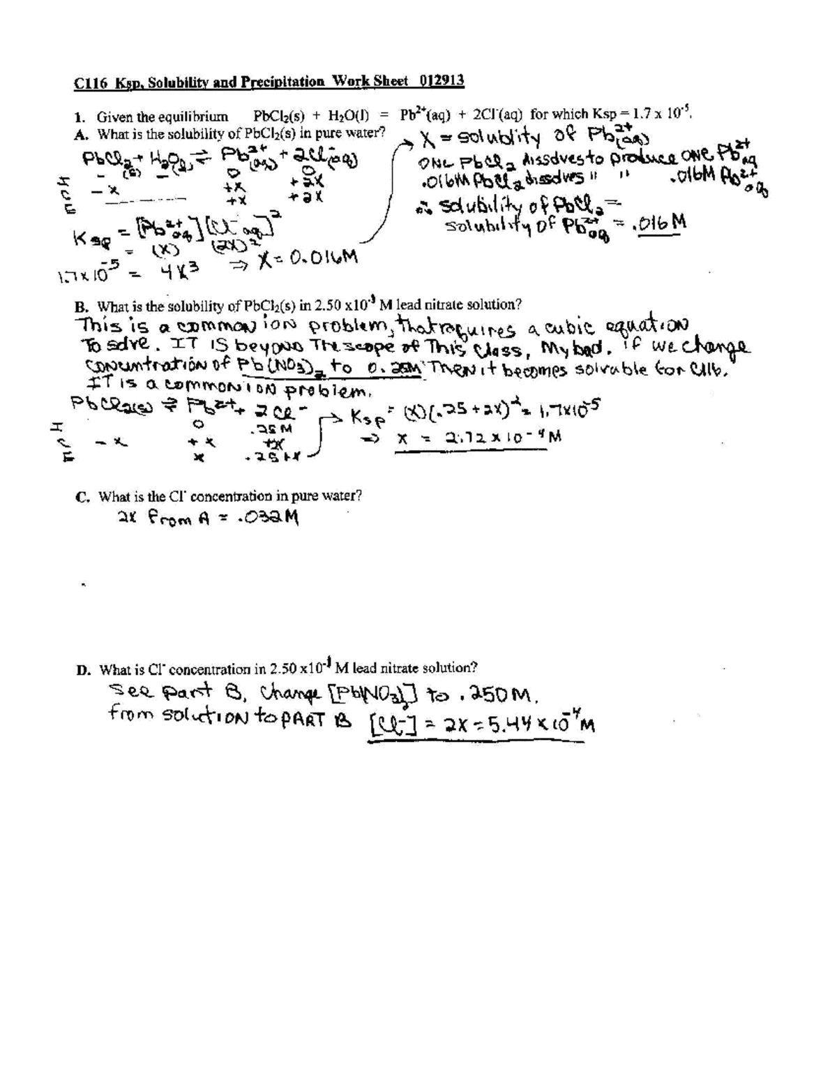 Ksp worksheet Key spring 2014 - C116 K32, Solubility and Precipitation ...