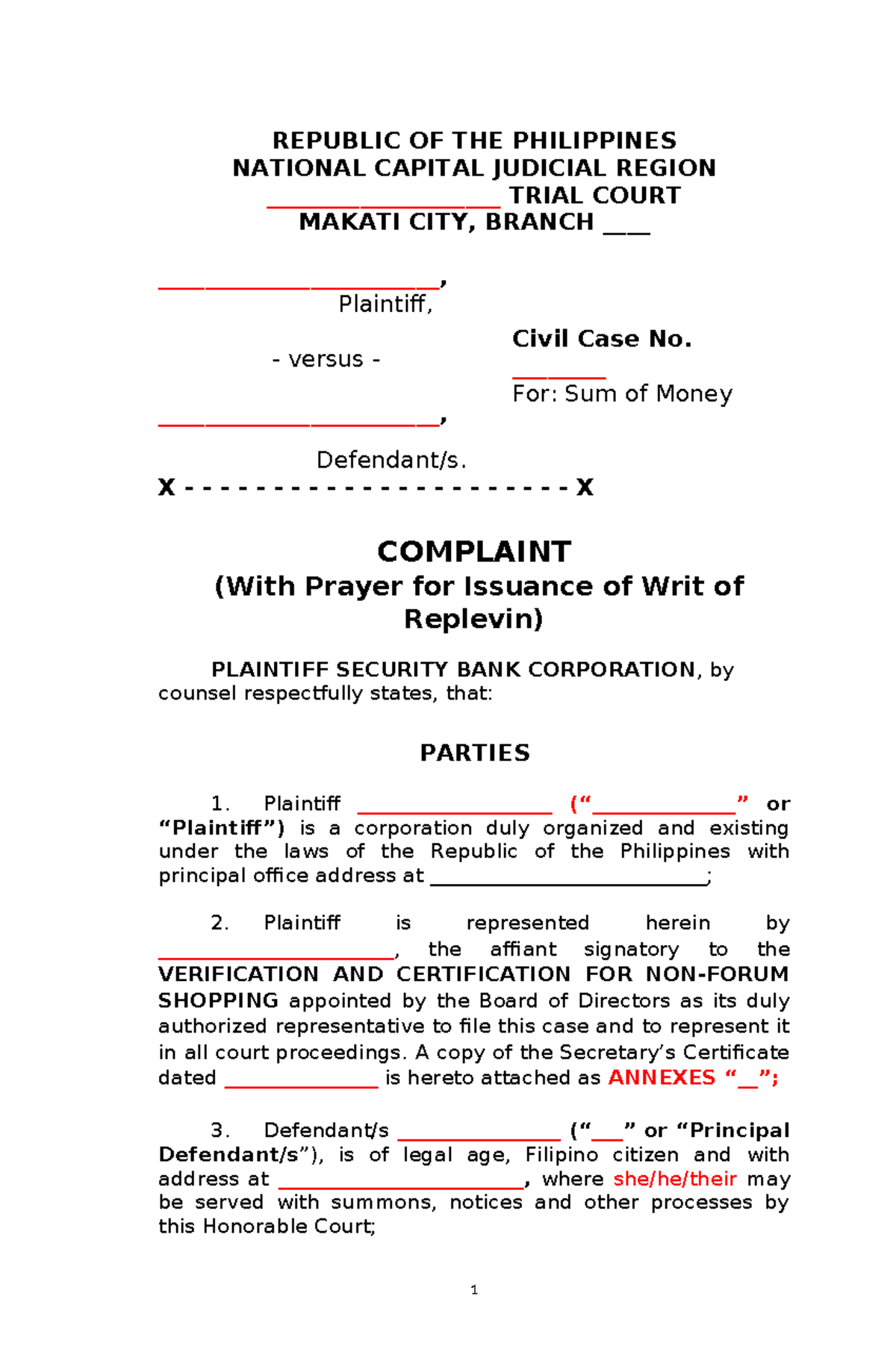 Templaite Complaint (with Replevin) - REPUBLIC OF THE PHILIPPINES ...
