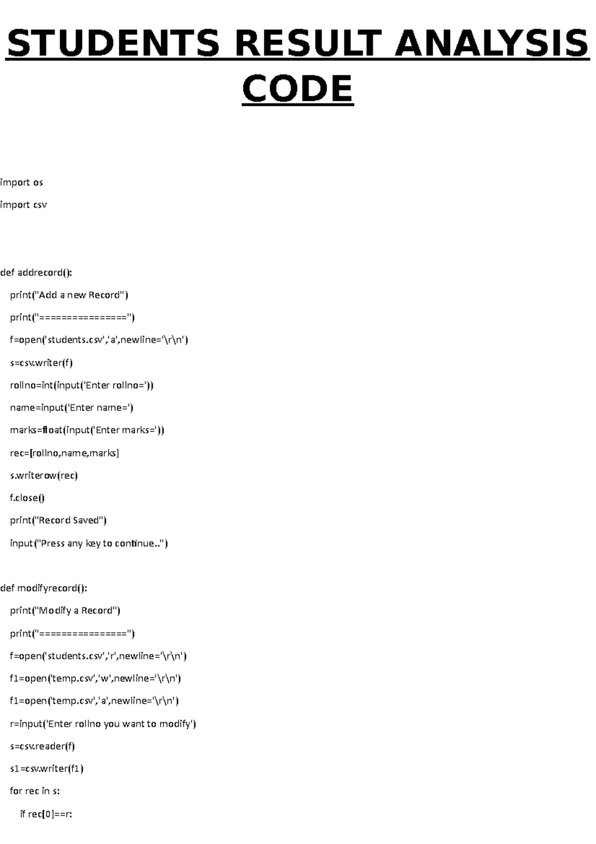 Students Result Analysis CODE - STUDENTS RESULT ANALYSIS CODE import os ...