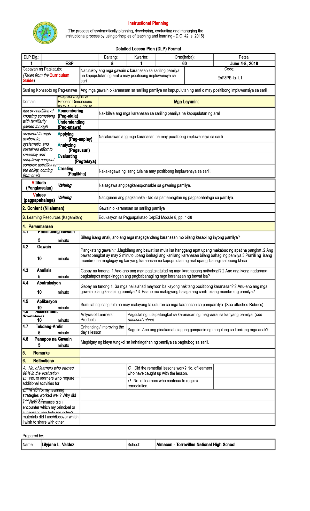 412536618 DLP ESP 8 Q1 - Detailed lesson plan - Instructional Planning ...