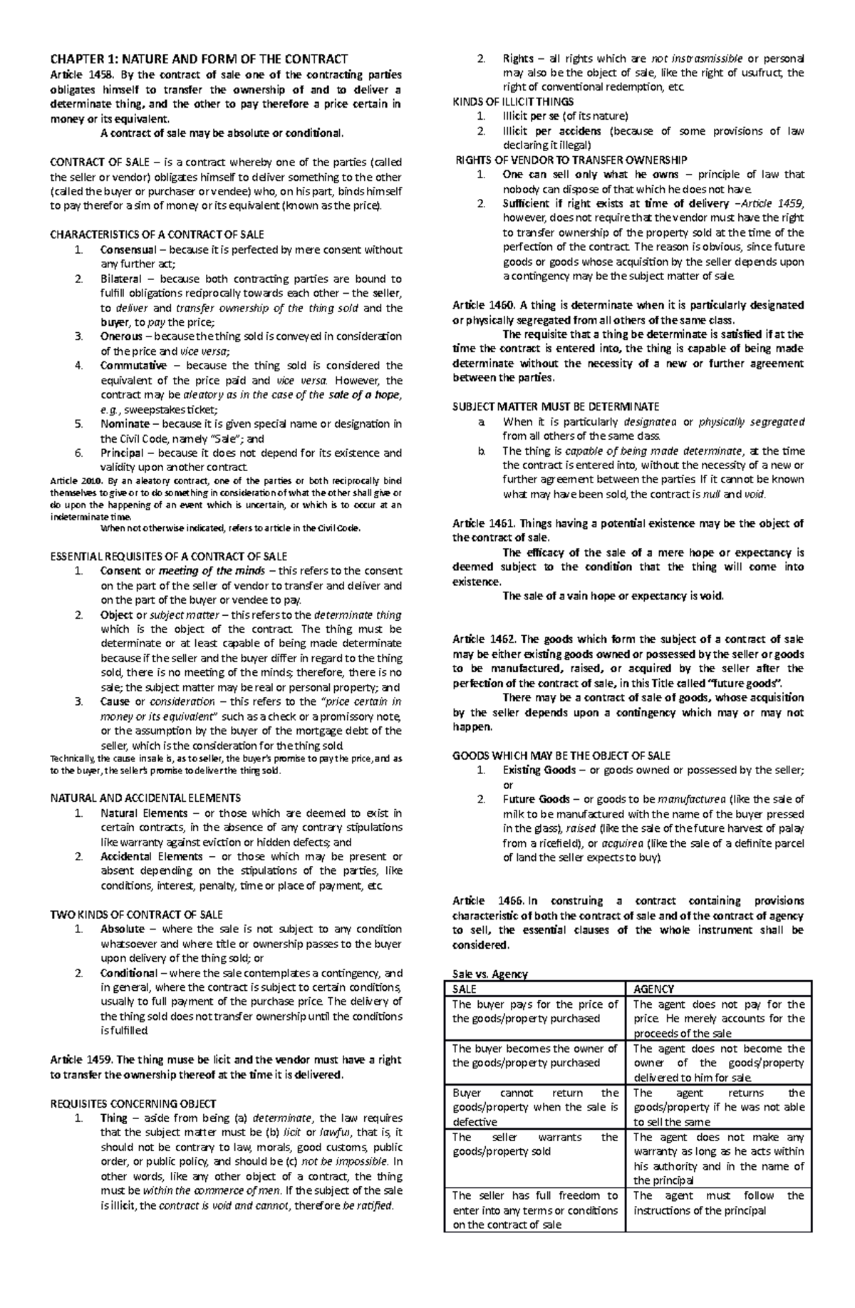 LAW ON Sales Reviewer - CHAPTER 1: NATURE AND FORM OF THE CONTRACT ...
