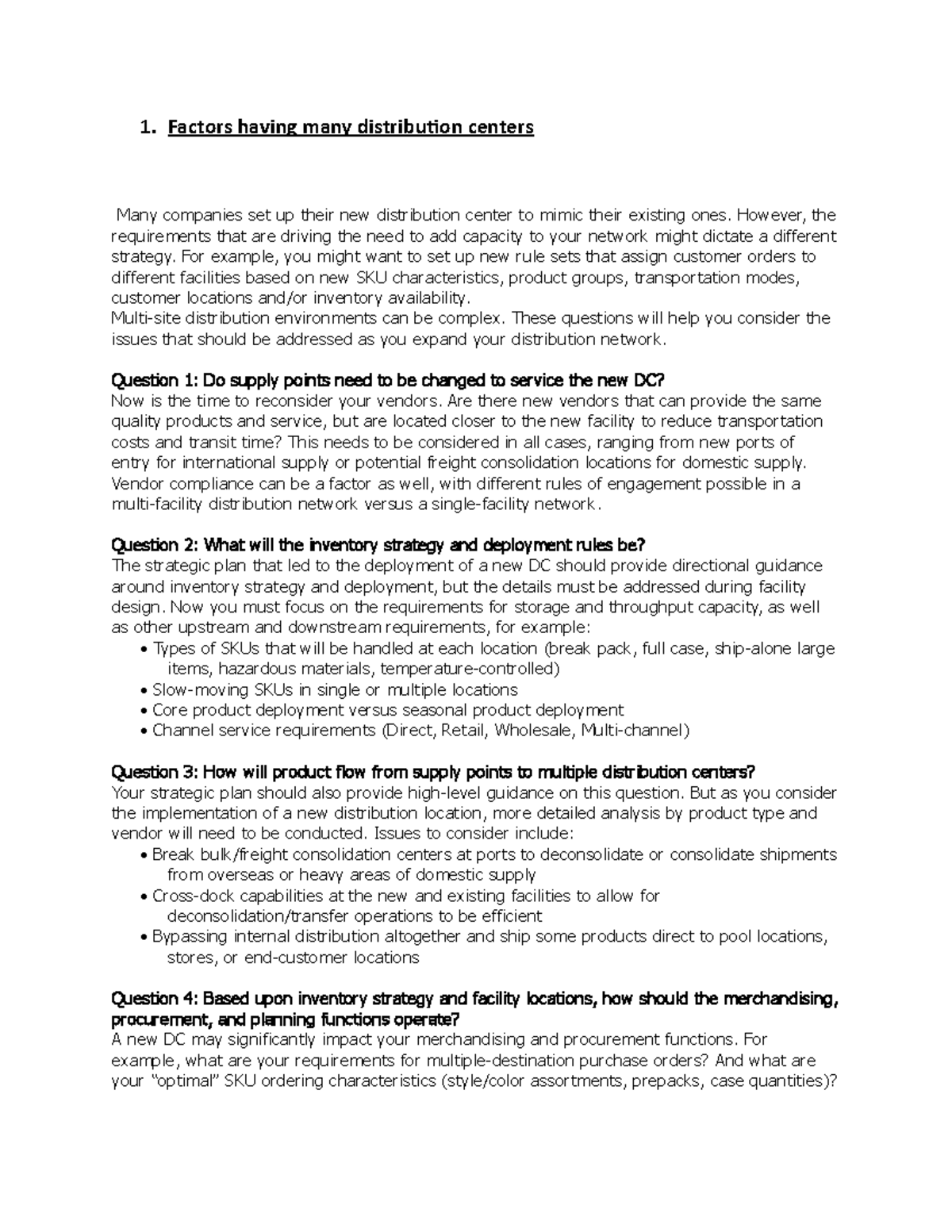 Logistics - MGT 704 - 1. Factors having many distribution centers Many ...