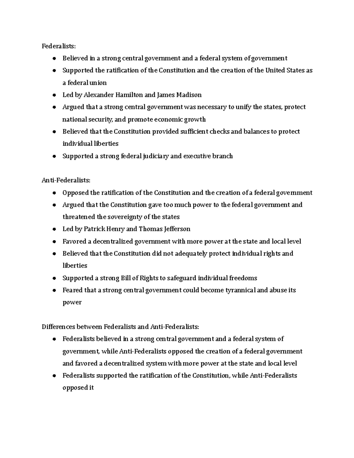Federalists vs. Anti-Federalists - Federalists: Believed in a strong ...