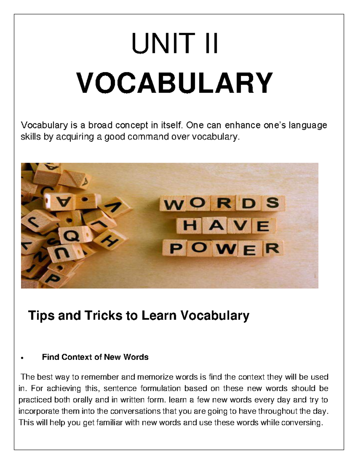 PEV 106 Workbook Vocabulary - UNIT II VOCABULARY ####### Vocabulary is ...