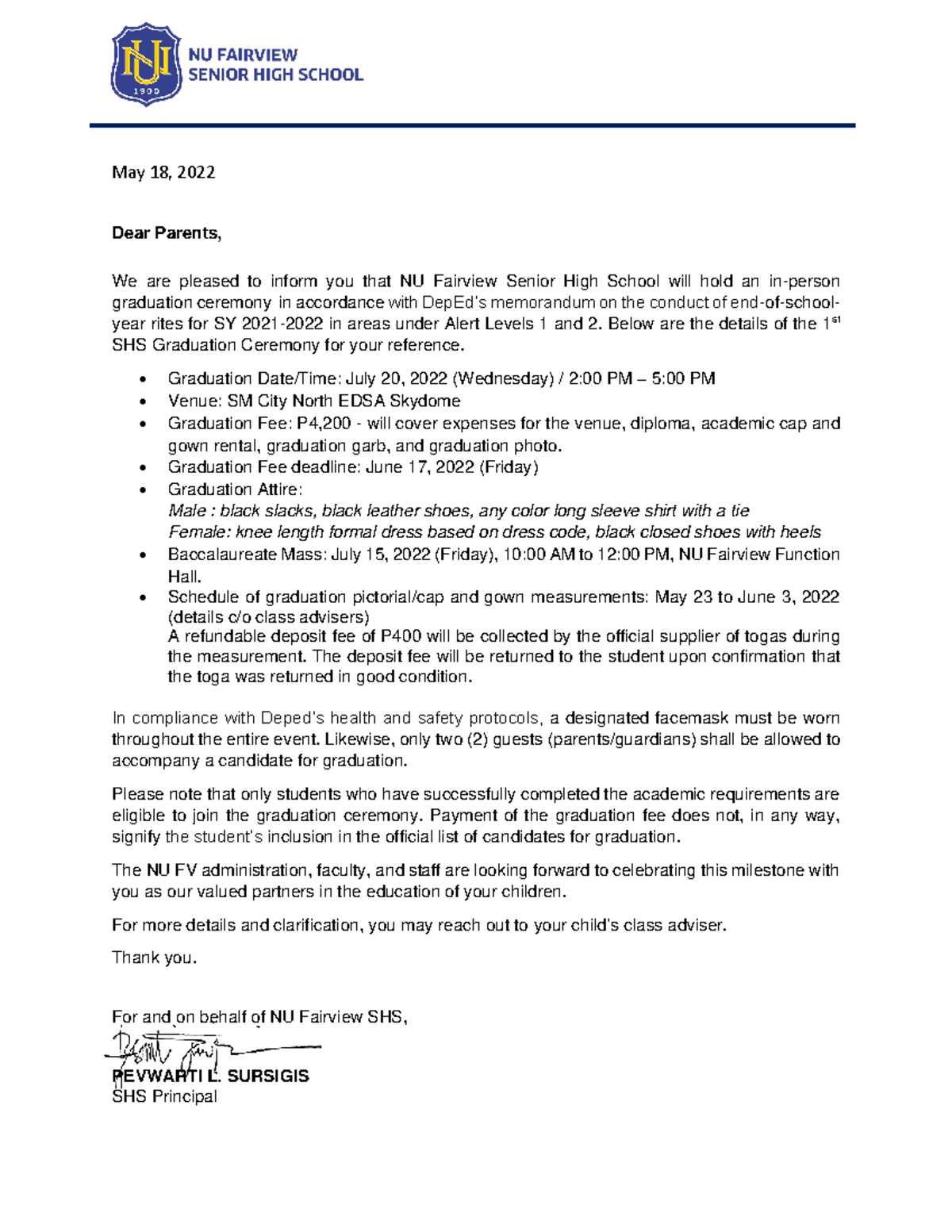 Letter to Parents-Graduation - May 18, 2022 Dear Parents, We are ...