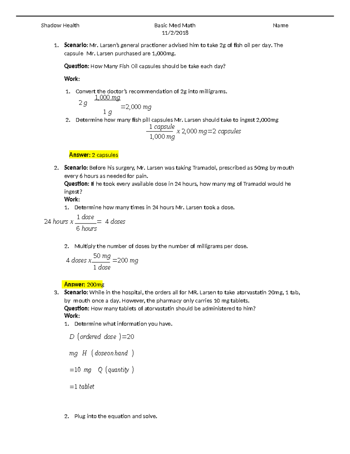 Basic medmath SH - Shadow Health Basic Med Math 11/2/ Name 1. Scenario ...