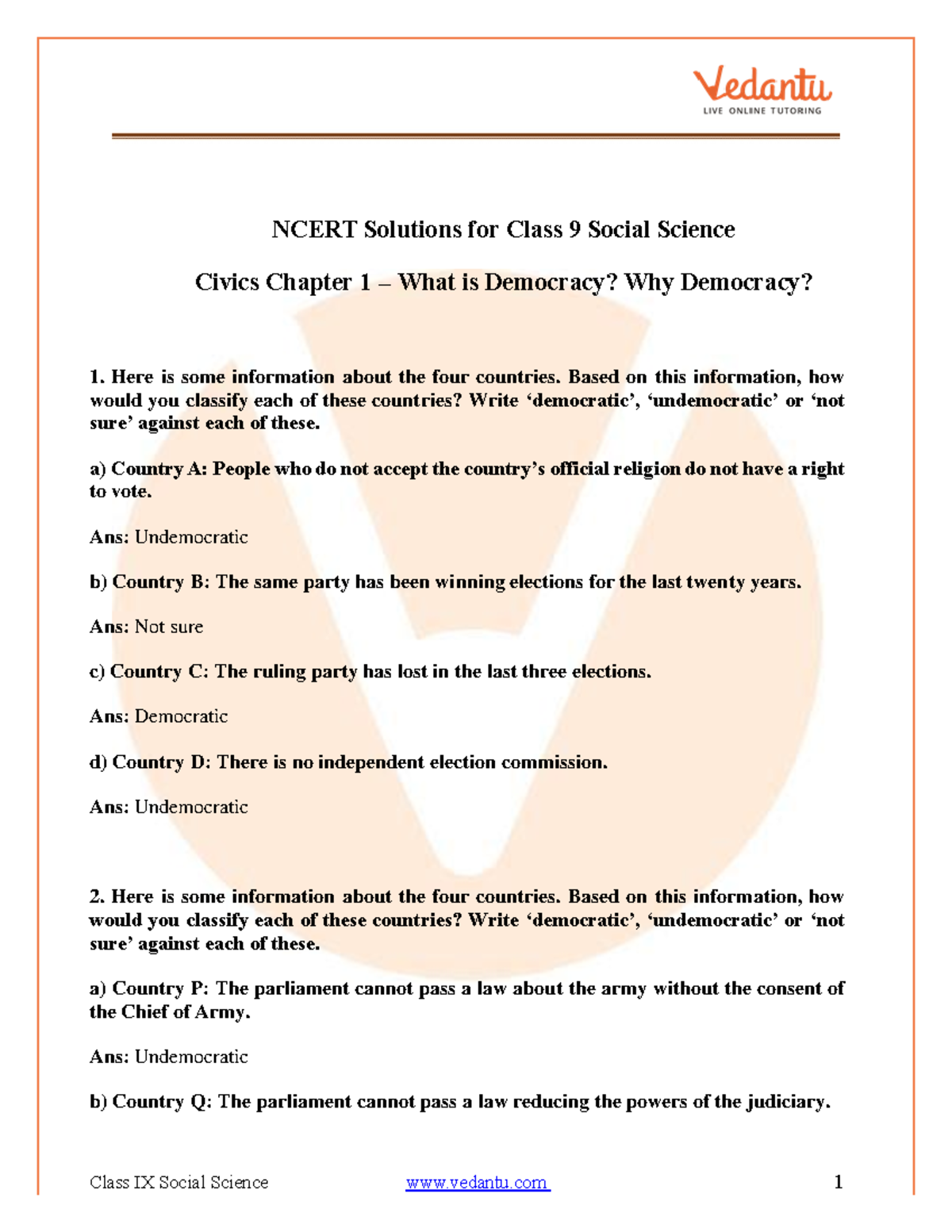 Ncert Solutions Class 9 Civics Chapter 1 What is Democracy Why ...