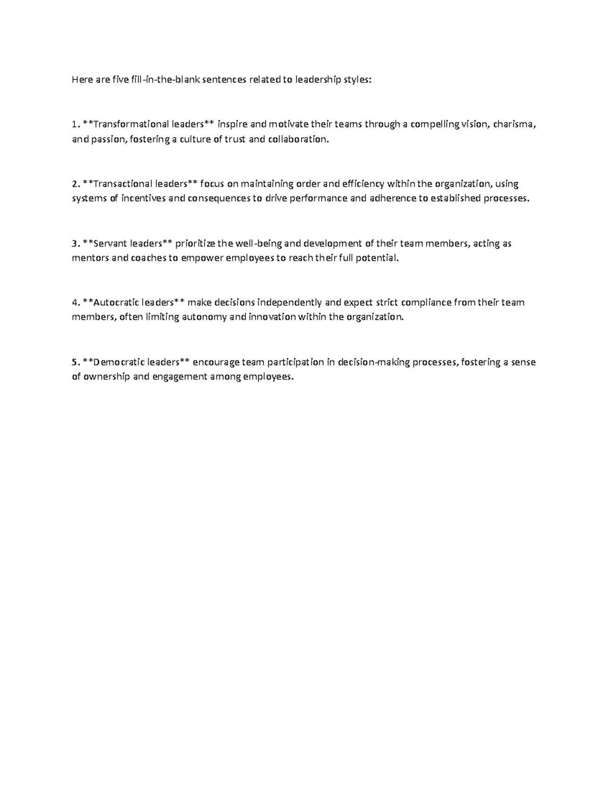 Leadership - Quizzes,definitions - Here are five fill-in-the-blank ...