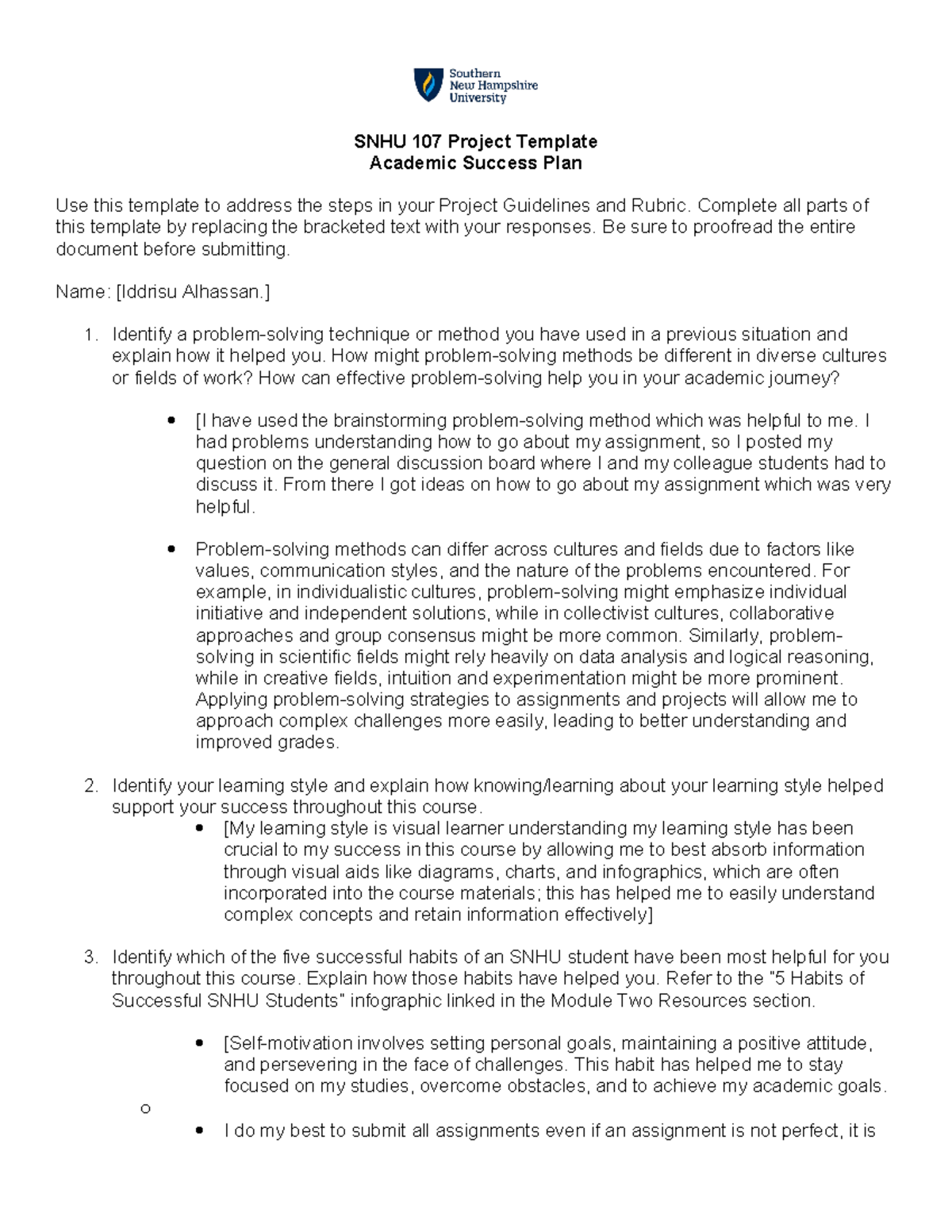 Journal 7 - SNHU 107 Project Template Academic Success Plan Use this ...