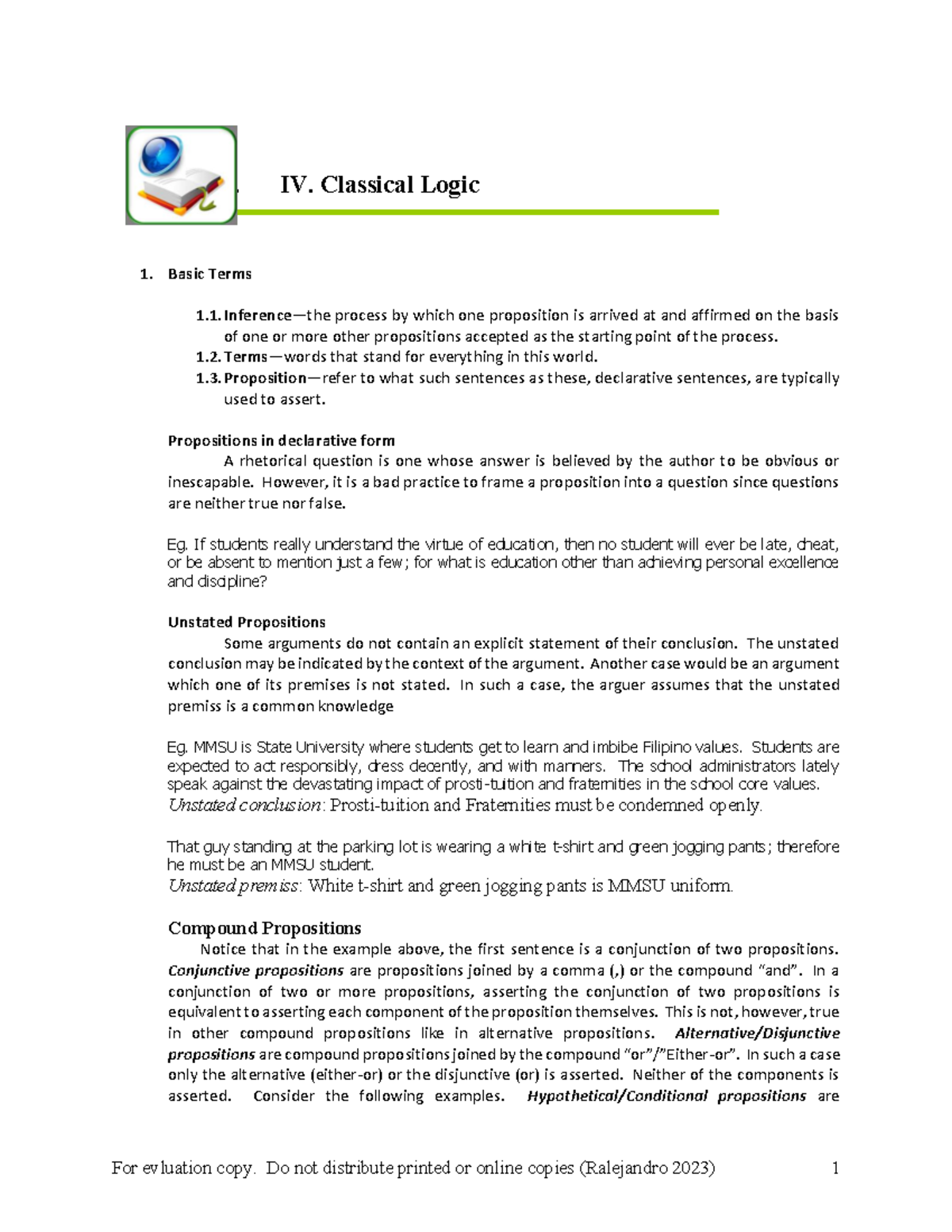 Chapter 4 d31e3f62eda63725 bf188bb46a4b5573 - I. IV. Classical Logic ...