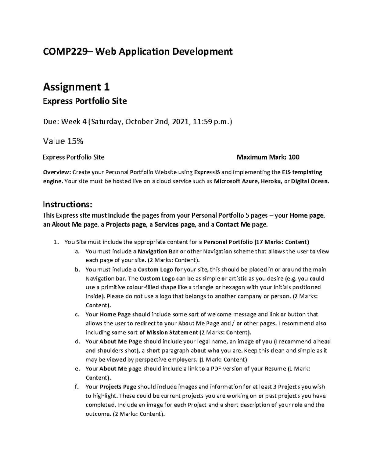 Assignment 1 - Express Portfolio - COMP 213 - Centennial College - Studocu