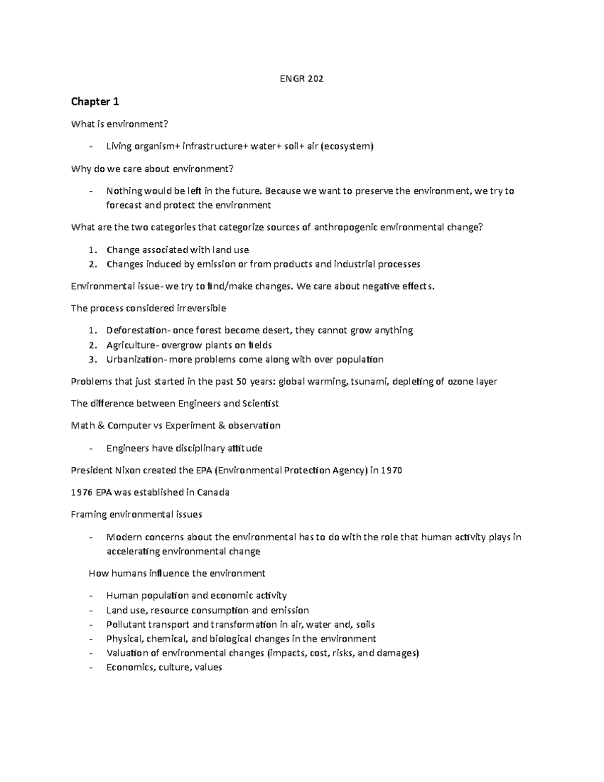 Engr 202 Prep For 1st Midterm Engr 202 Engr 202 Chapter 1 What Is Environment Living Air