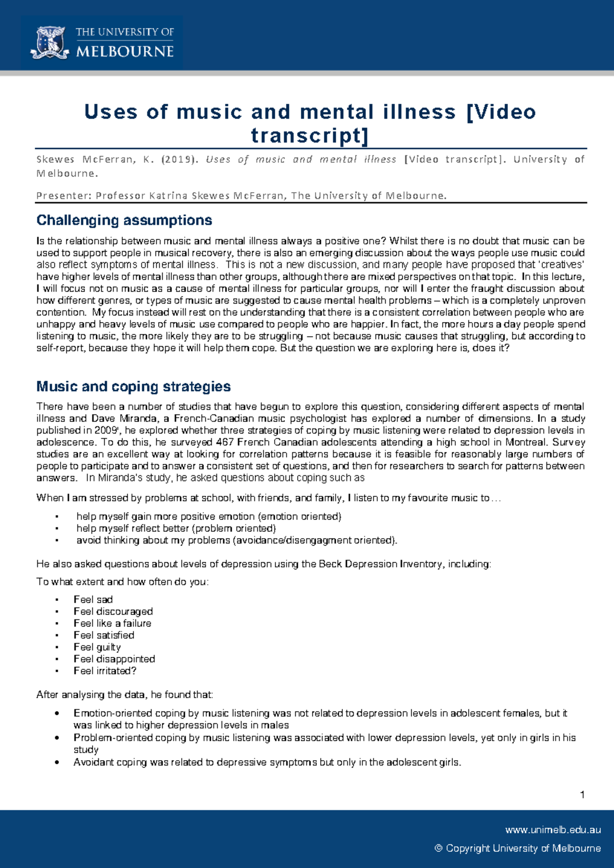 MUSI2015 0 Uses of music and mental health - Video transcript - unimelb ...