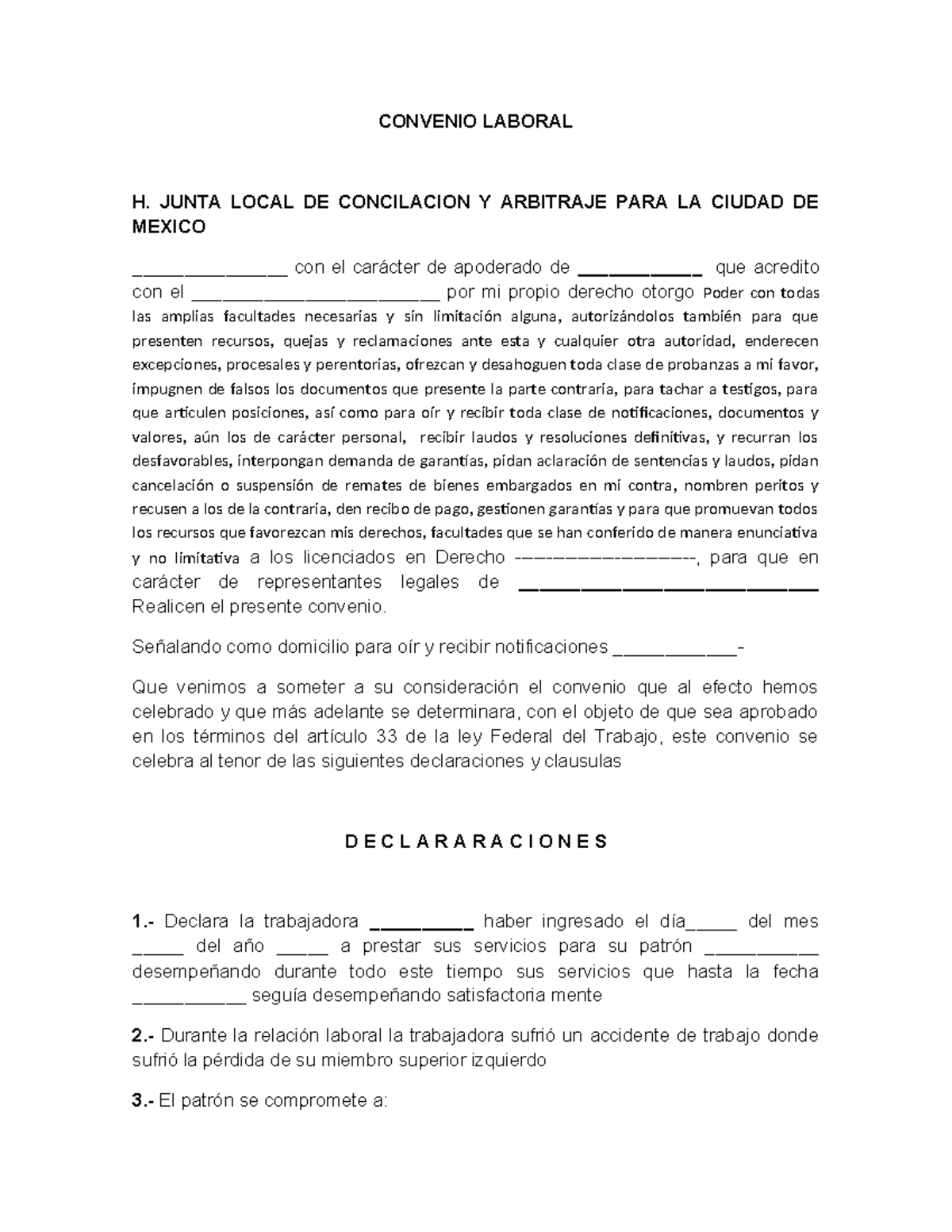 contrato laboral de patron trabajador - CONVENIO LABORAL H. JUNTA LOCAL ...