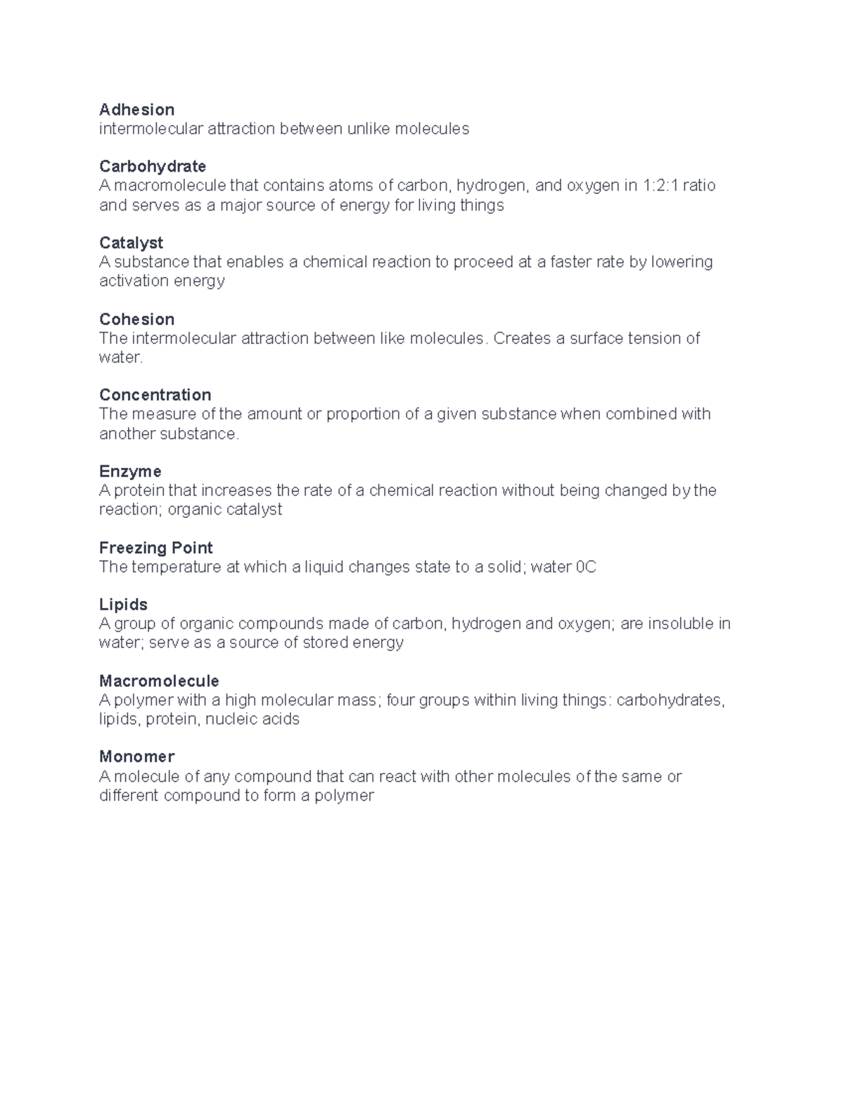 Biochemistry basic terms - Adhesion intermolecular attraction between ...