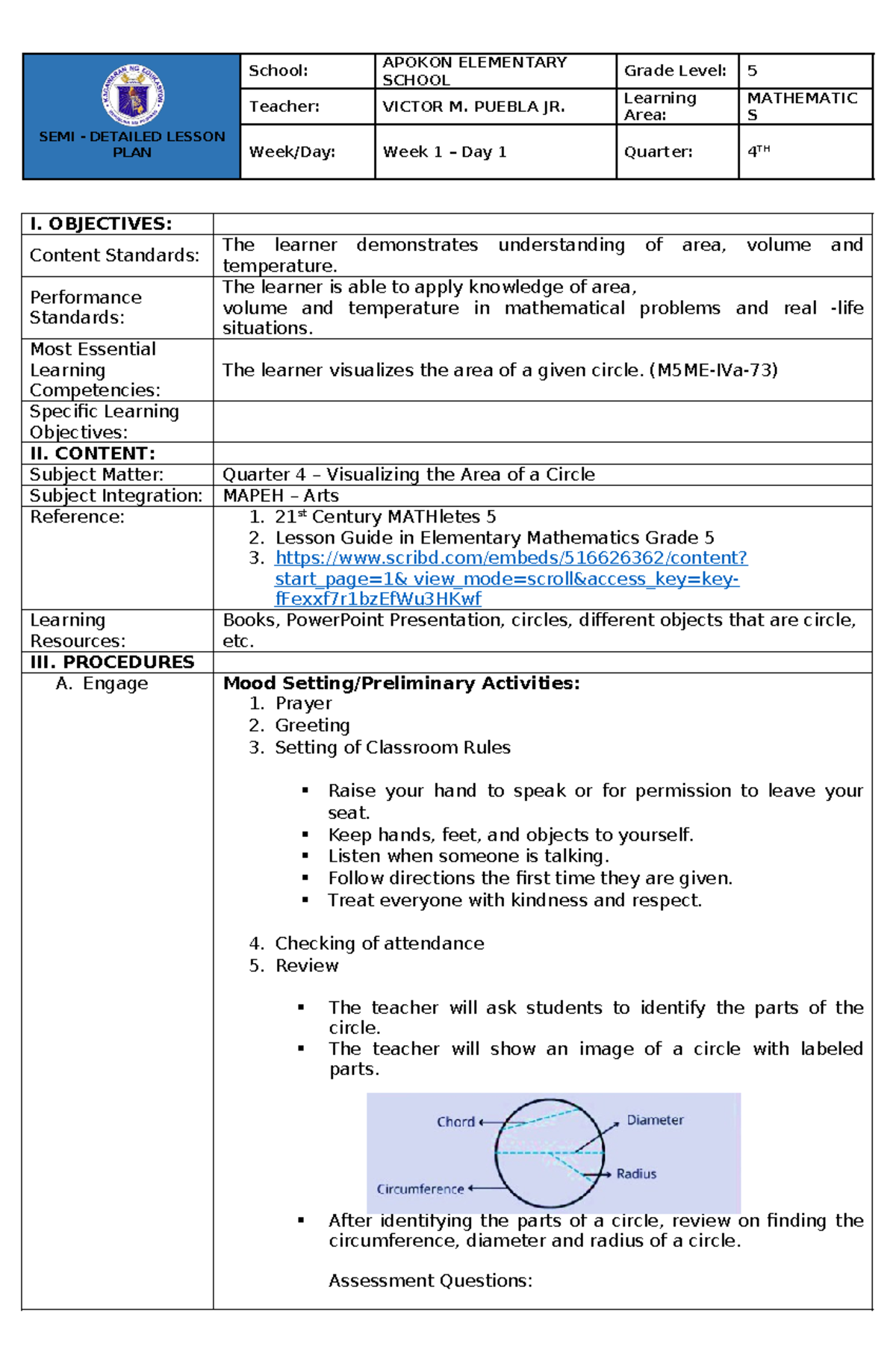 Day 1 - Visualizing the Area of a Circle - SEMI - DETAILED LESSON PLAN School: APOKON ELEMENTARY ...