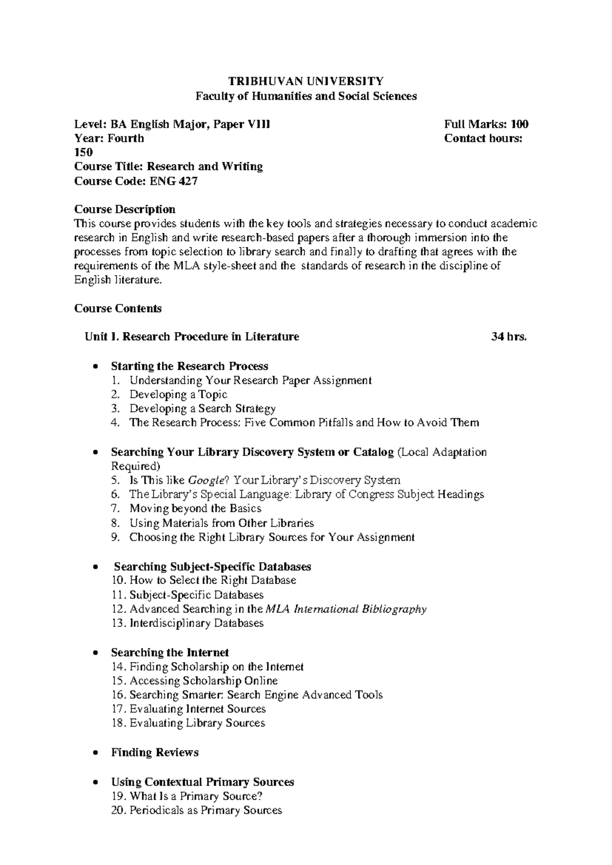 BA Fourth Year Syllabus Major English VIII Research and Writing ...