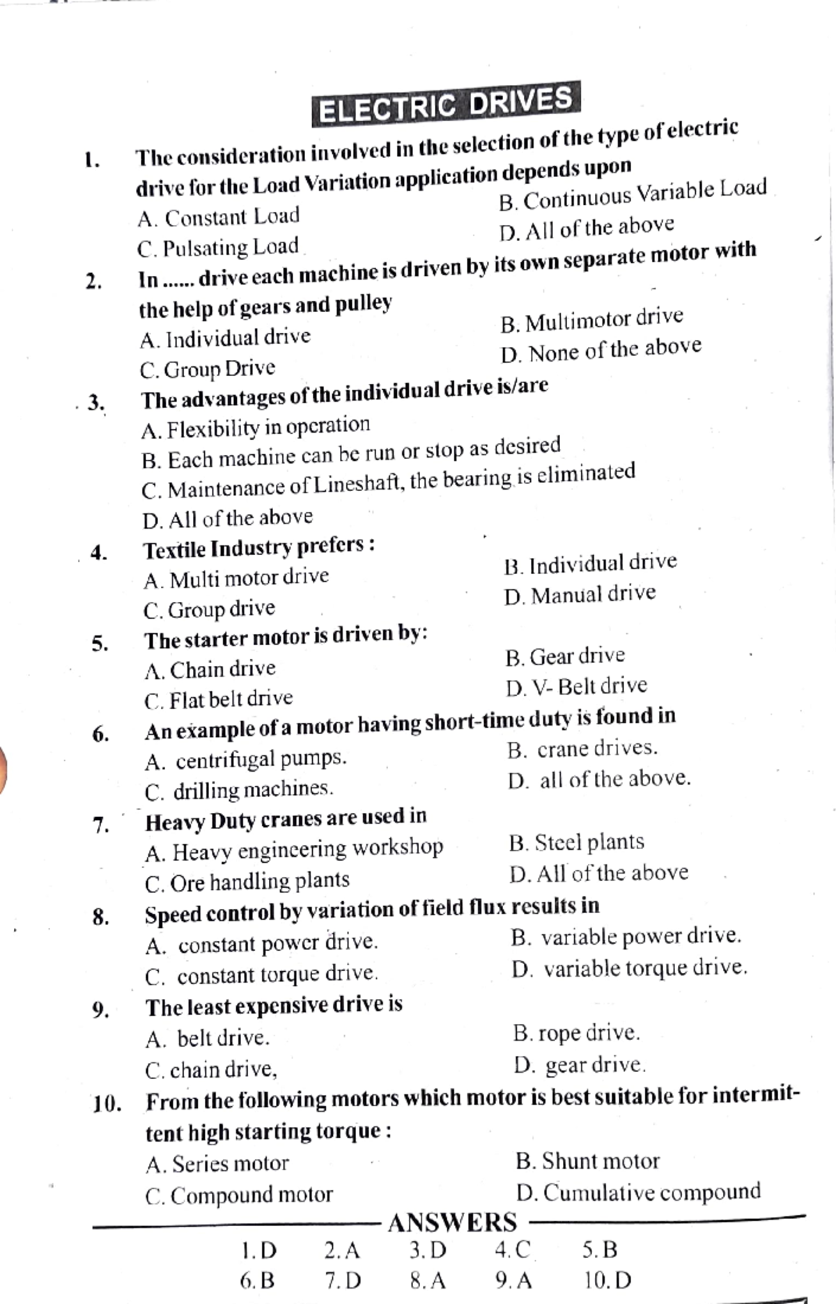 Electrical drives mcqs - ELECTRIC DRIVESS I. . The consideration ...