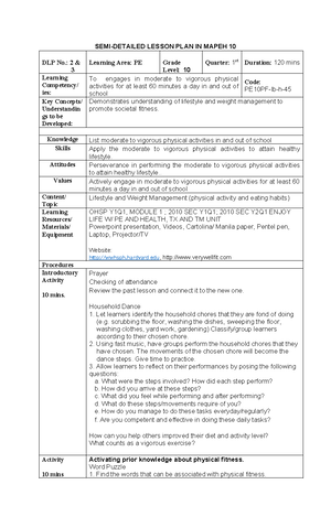 Physical Education - SEMI-DETAILED LESSON PLAN IN MAPEH 10 DLP No.: 7 ...