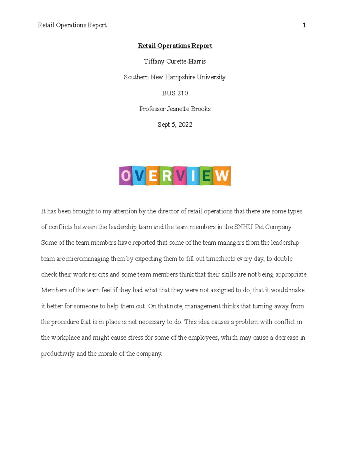 2-3 Assignment Management Approaches - Retail Operations Report Tiffany ...