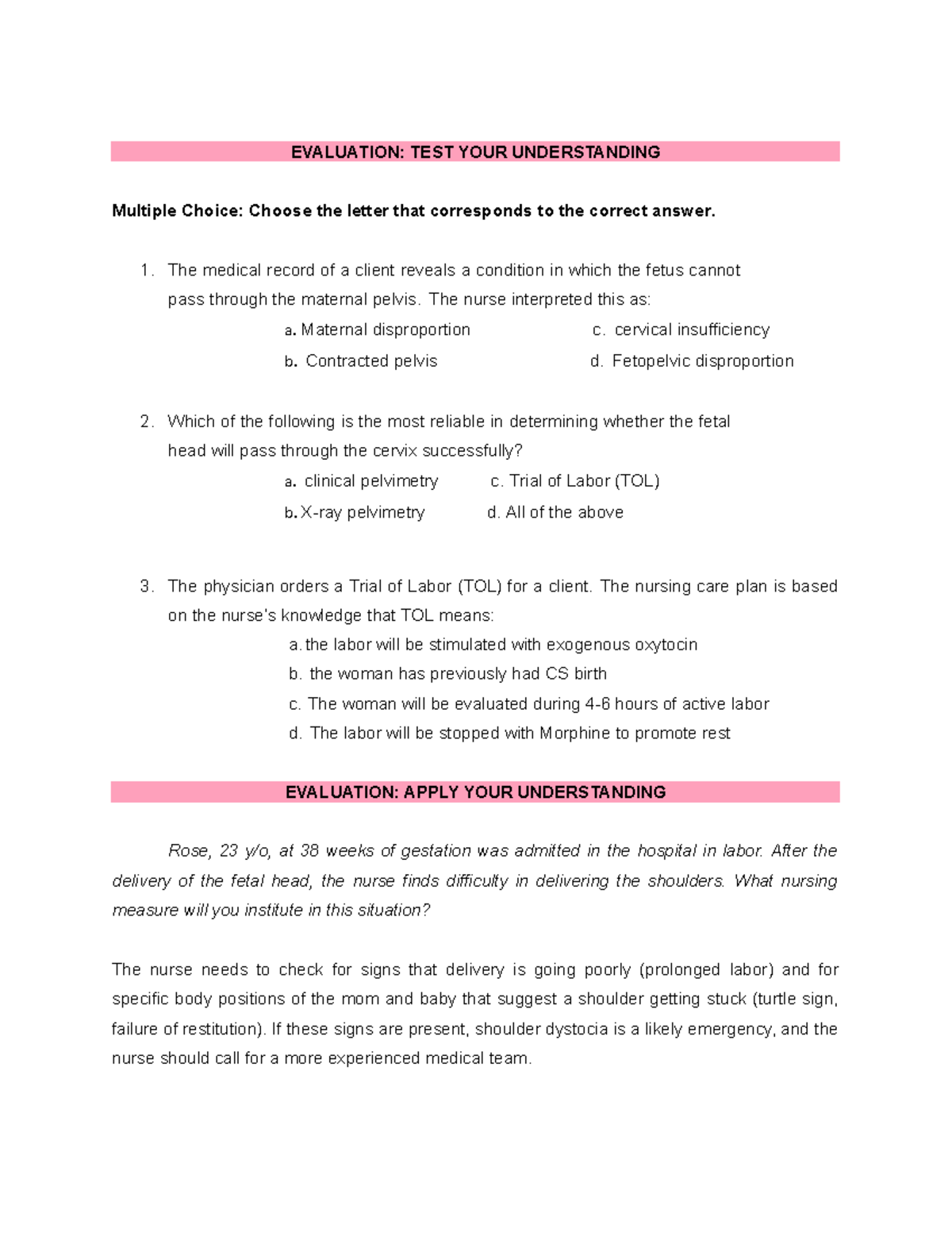 Ob worksheet - EVALUATION: TEST YOUR UNDERSTANDING Multiple Choice ...