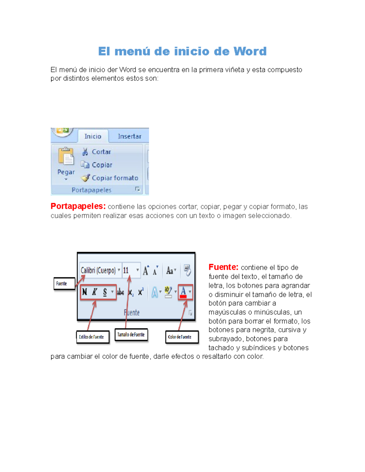 El menú de inicio de Word - Fuente: contiene el tipo de fuente del ...