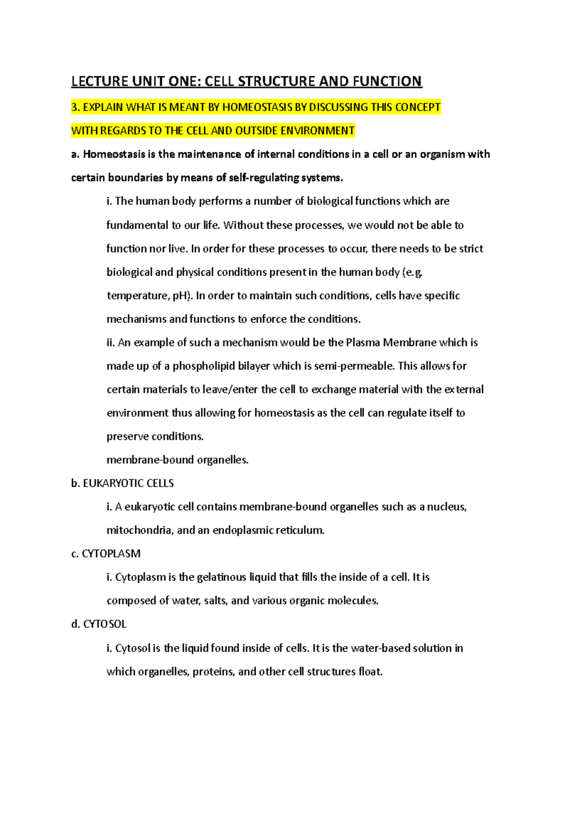MLB 111 Unit 1 Study Outcomes 3 - LECTURE UNIT ONE: CELL STRUCTURE AND ...