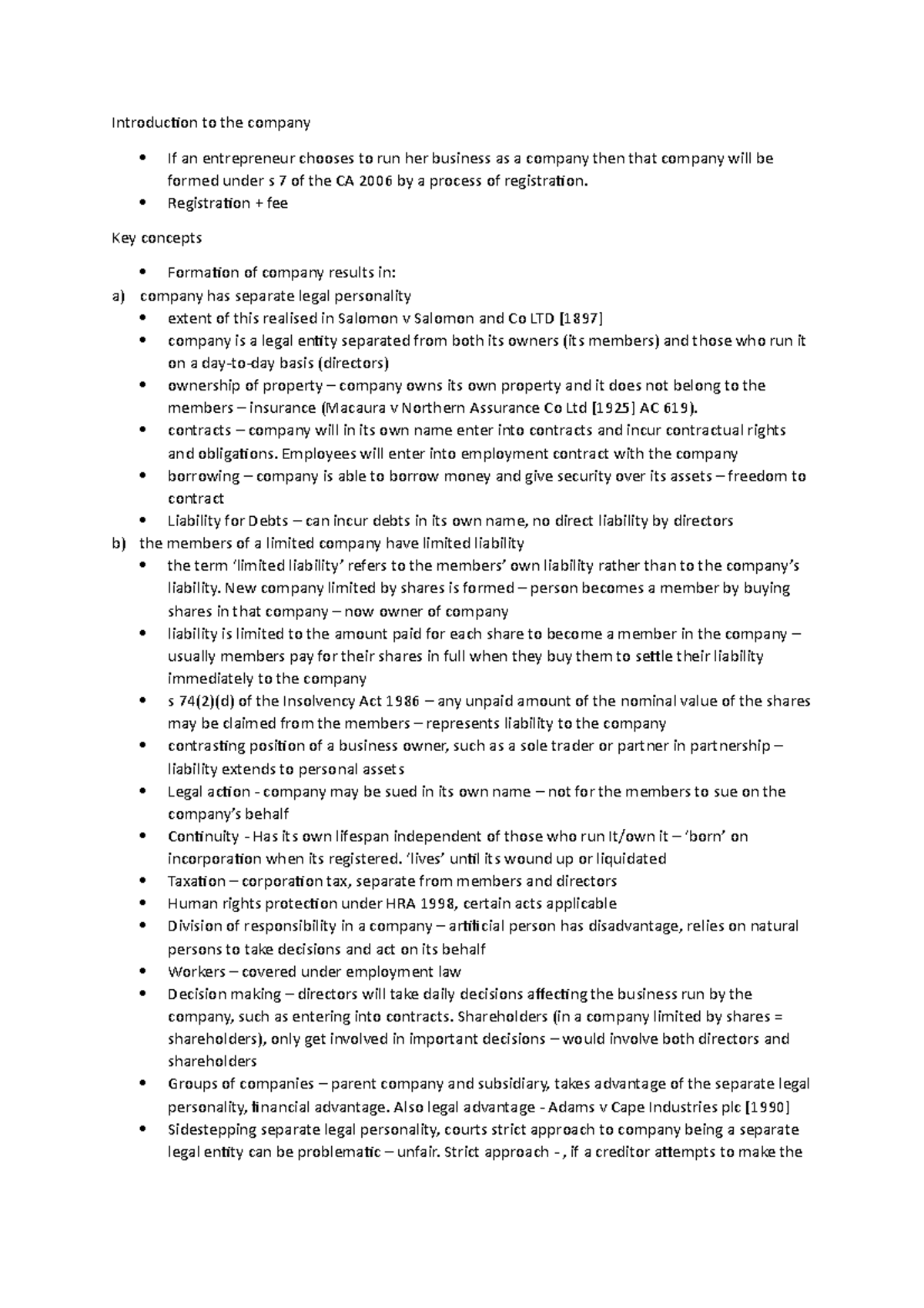 Business Practise Notes Separate Legal Personality Introduction To
