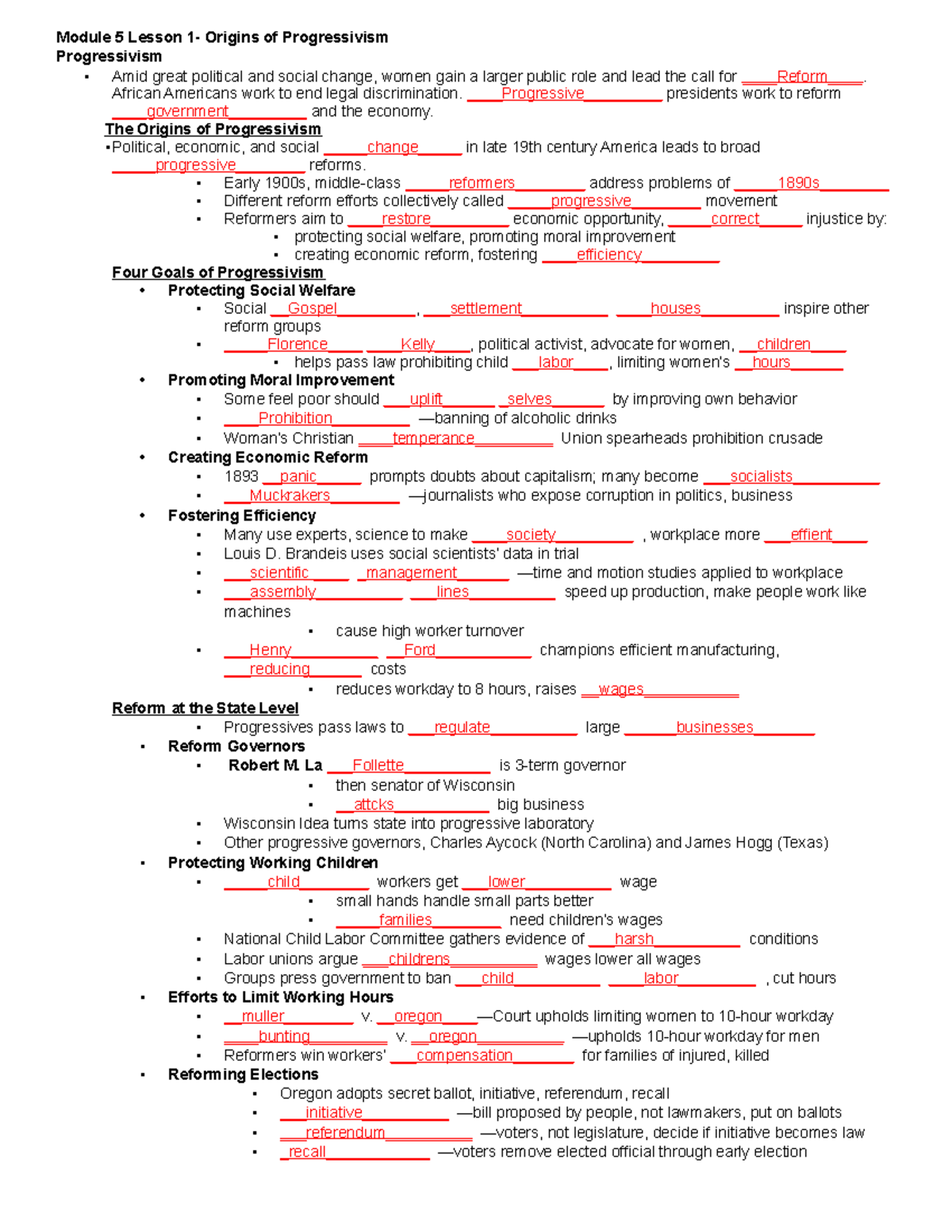 5-1 Origins of Progressivism Notes Handout - Module 5 Lesson 1- Origins ...