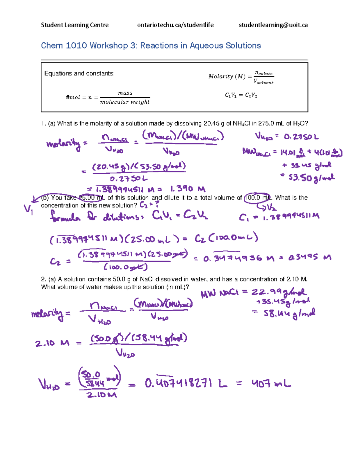 WS 3 solutions - Chem 1010 Workshop 3: Reactions in Aqueous Solutions ...