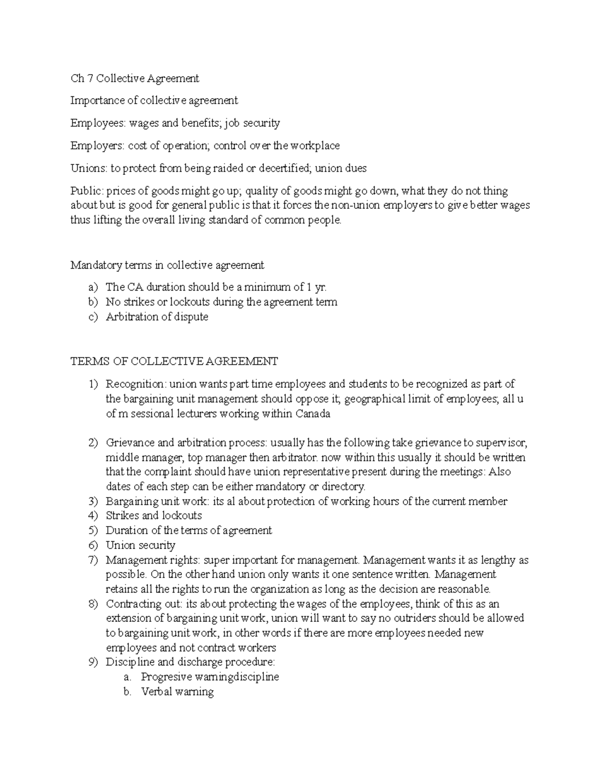 Ch 7 Collective Agreement notes - Ch 7 Collective Agreement Importance ...