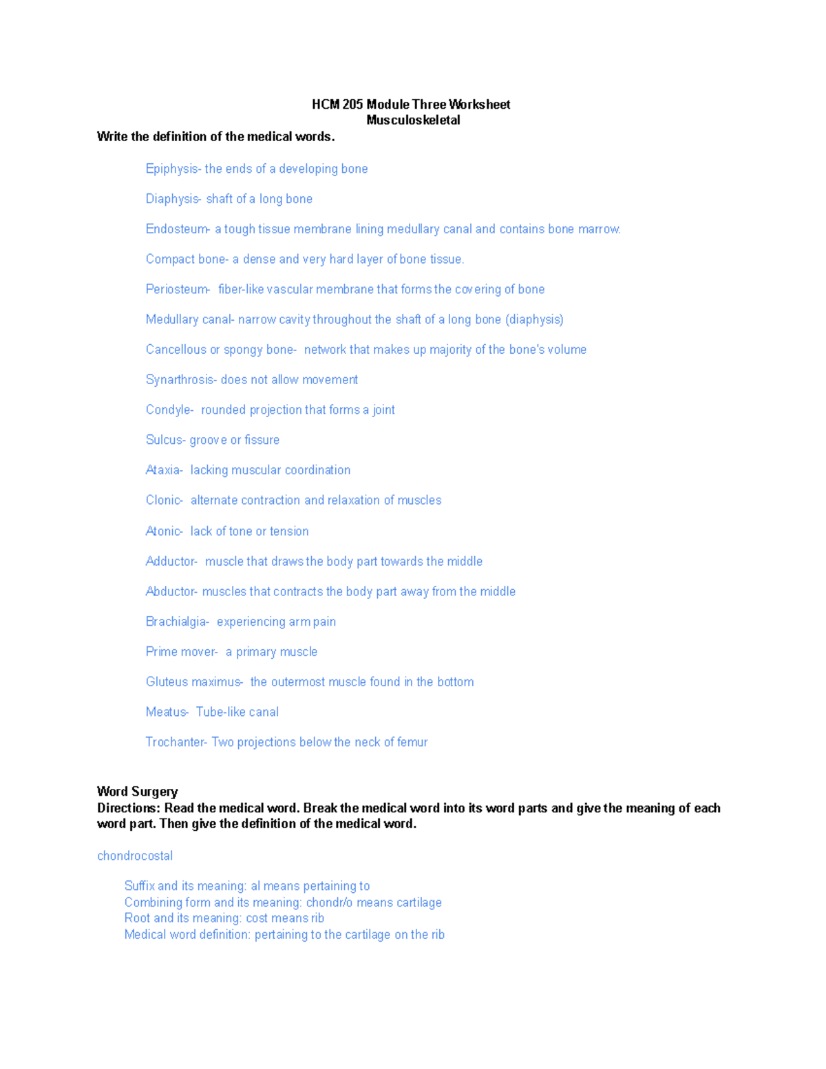 Medical term mod 3 - worksheet - HCM 205 Module Three Worksheet ...