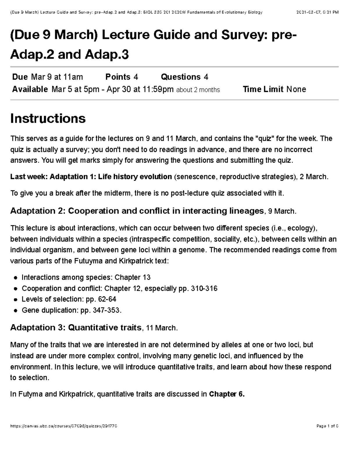 (Due 9 March) Lecture Guide and Survey: pre-Adap.2 and Adap.3: BIOL 336 ...