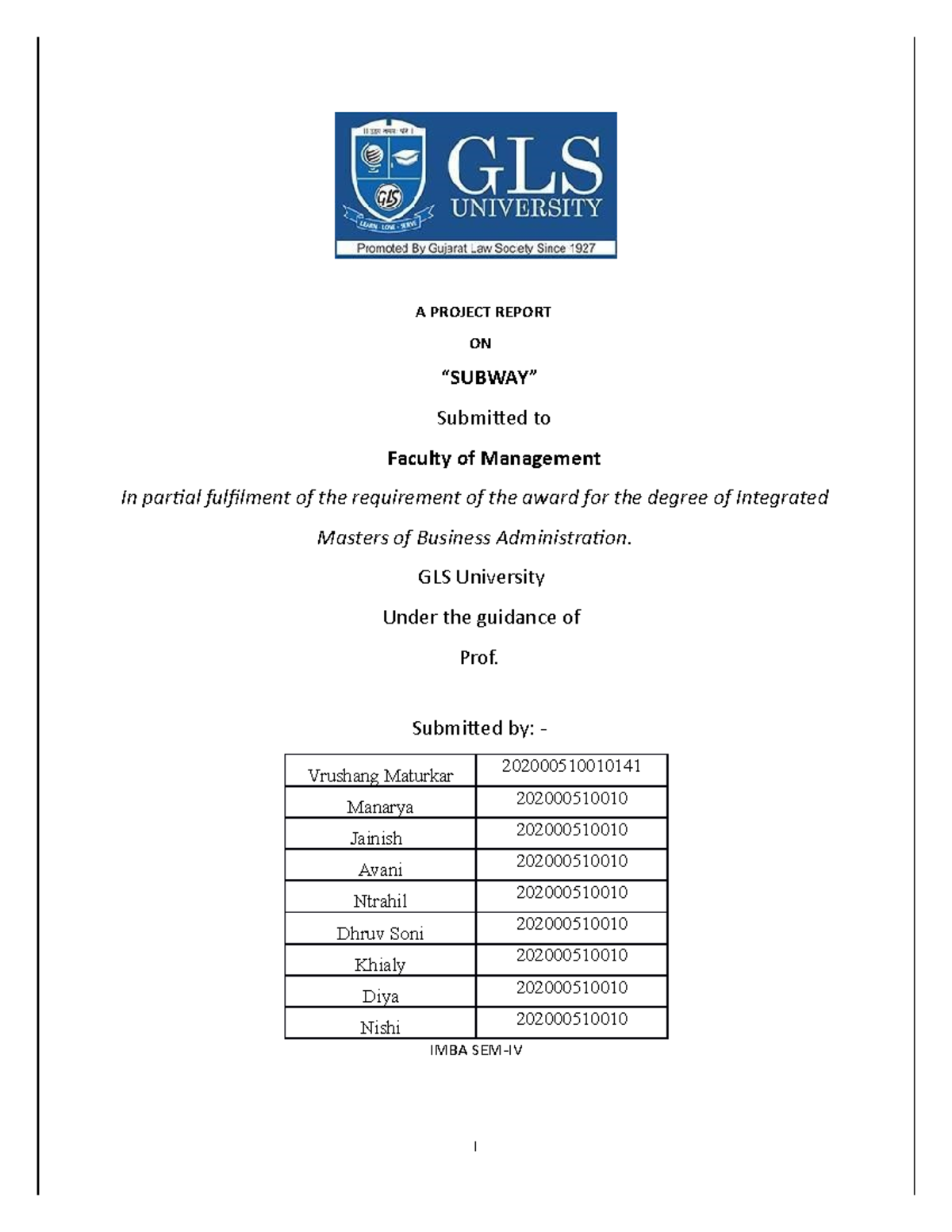 GBM project - abcd - A PROJECT REPORT ON “SUBWAY” Submitted to Faculty ...
