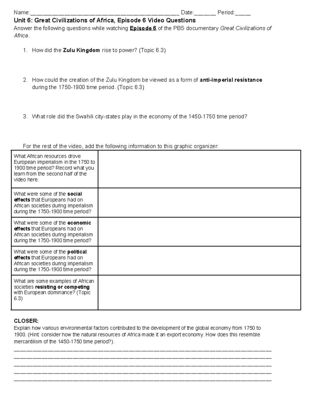 Unit 6 Great Civilizations of Africa Epsiode 6 Viewing Guide - - Studocu