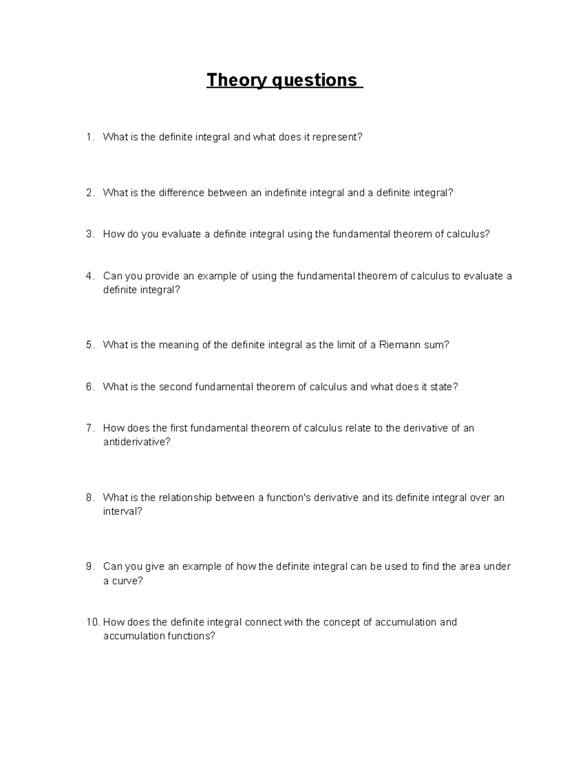 Fundamental theorem and Definite integral Theory questions - Theory ...