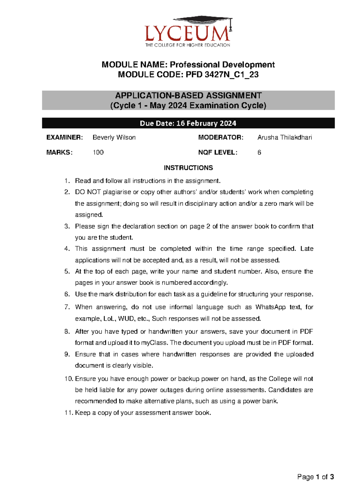 PFD 3427 N C1 23 May 2024 Exam Assignment - Page 1 of 3 MODULE NAME: Professional Development ...