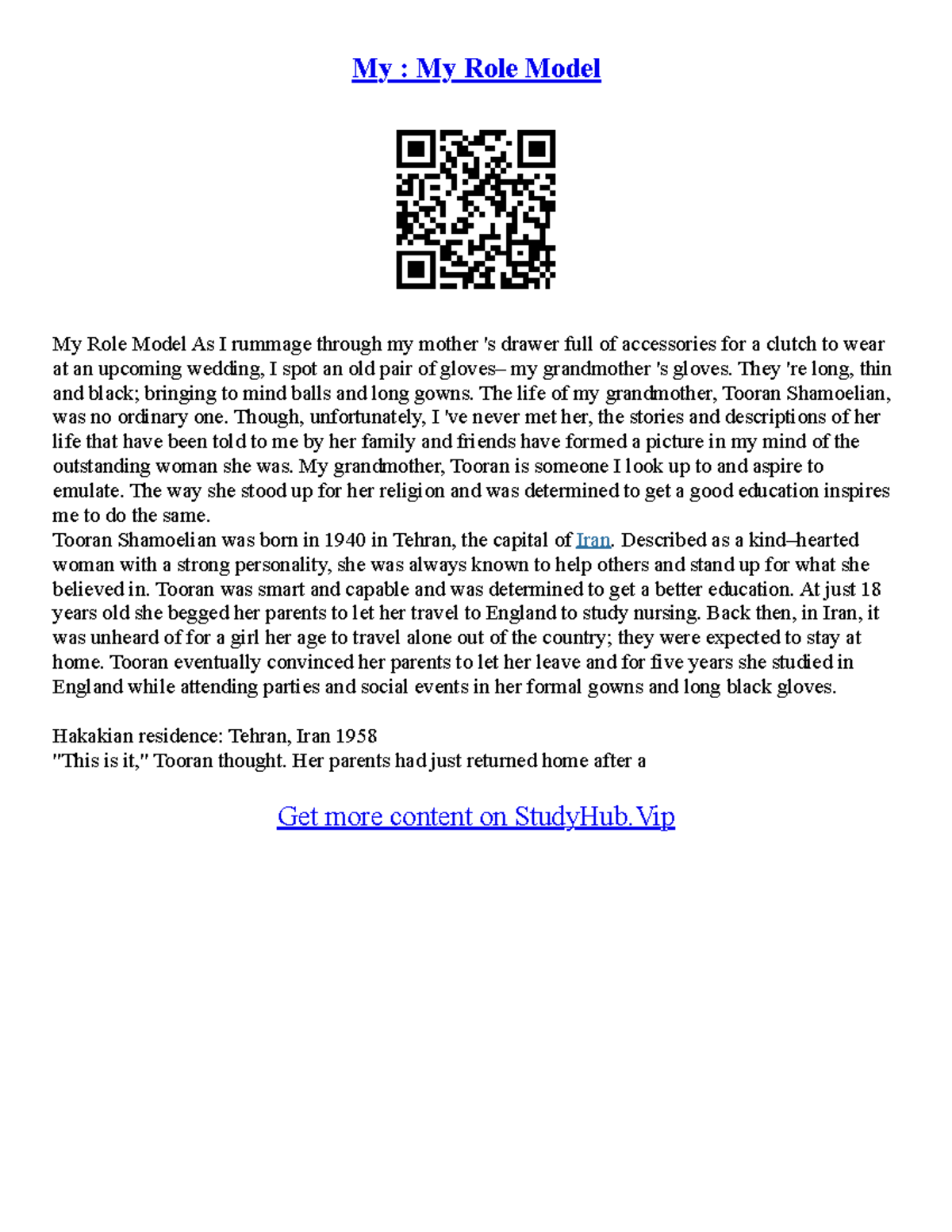 Essay My Mother My Role Model - My : My Role Model My Role Model As I ...