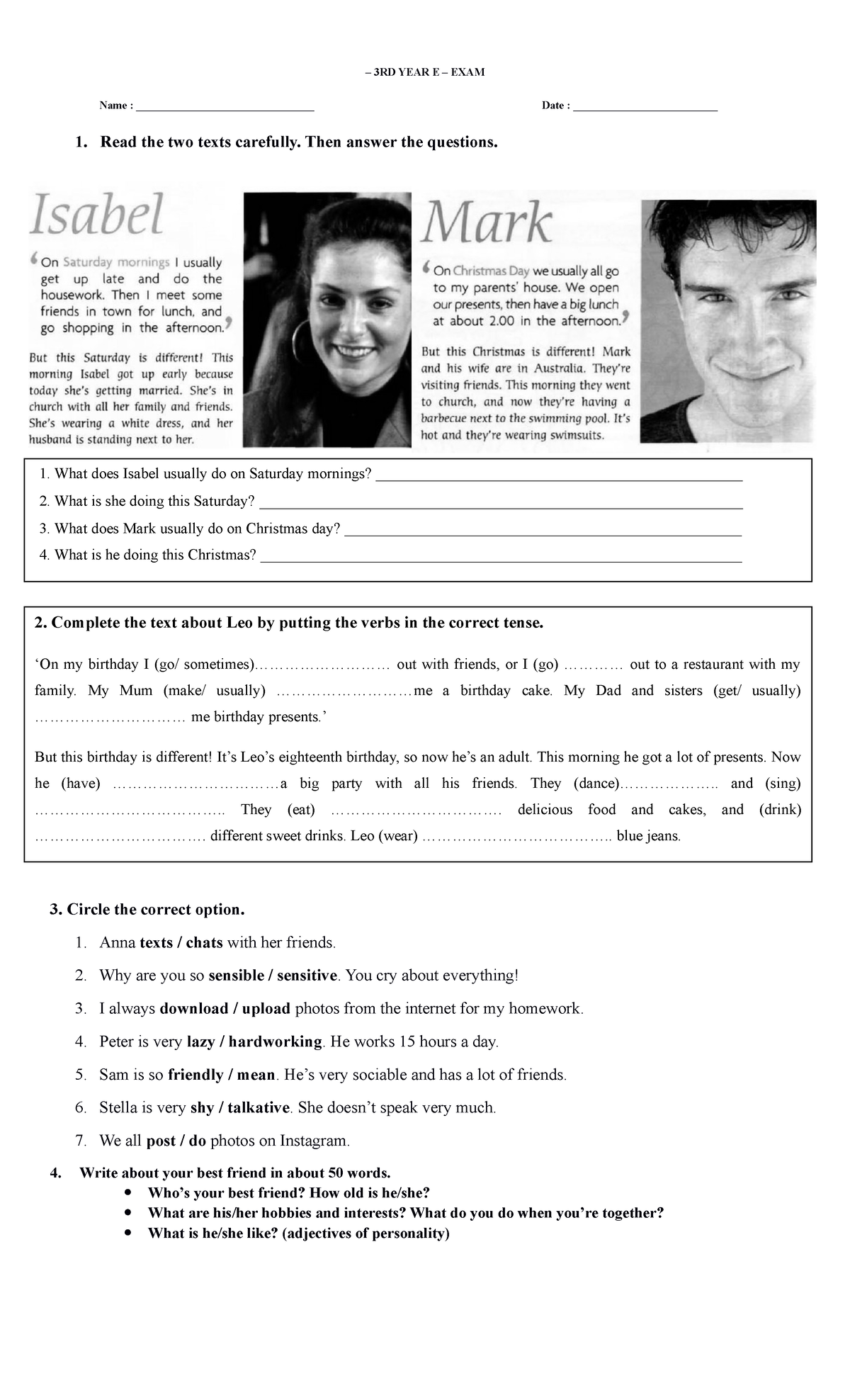EXAM - READ CAREFULLY - – 3RD YEAR E – EXAM Name ...