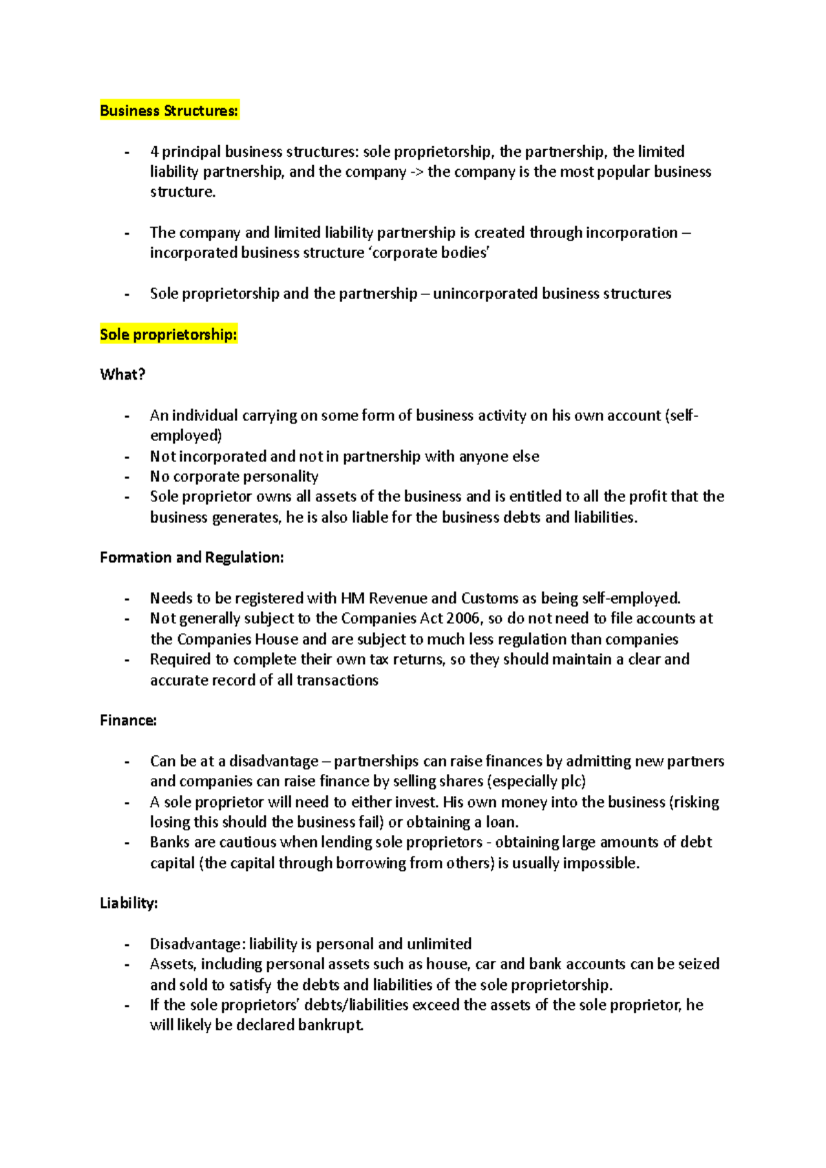 Revision notes company - Business Structures: - 4 principal business ...