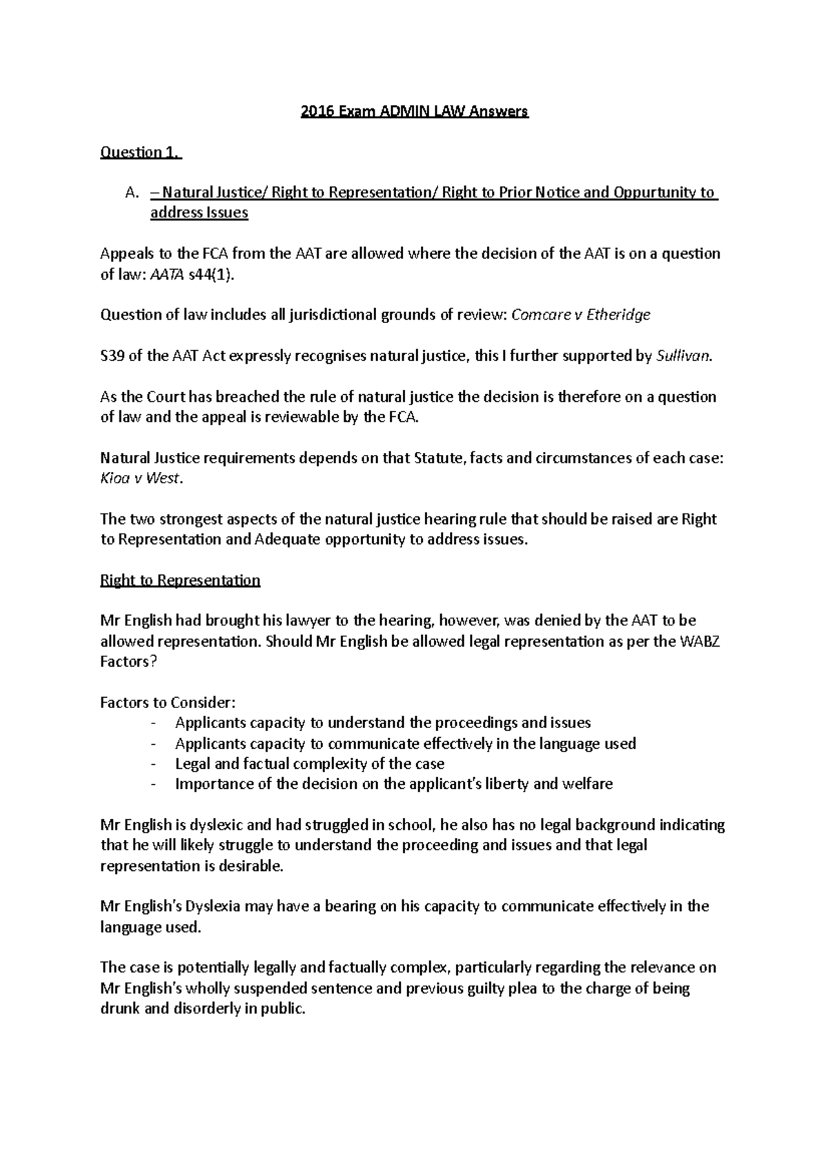 Exam 27 November 2016, answers - 2016 Exam ADMIN LAW Answers Question 1 ...