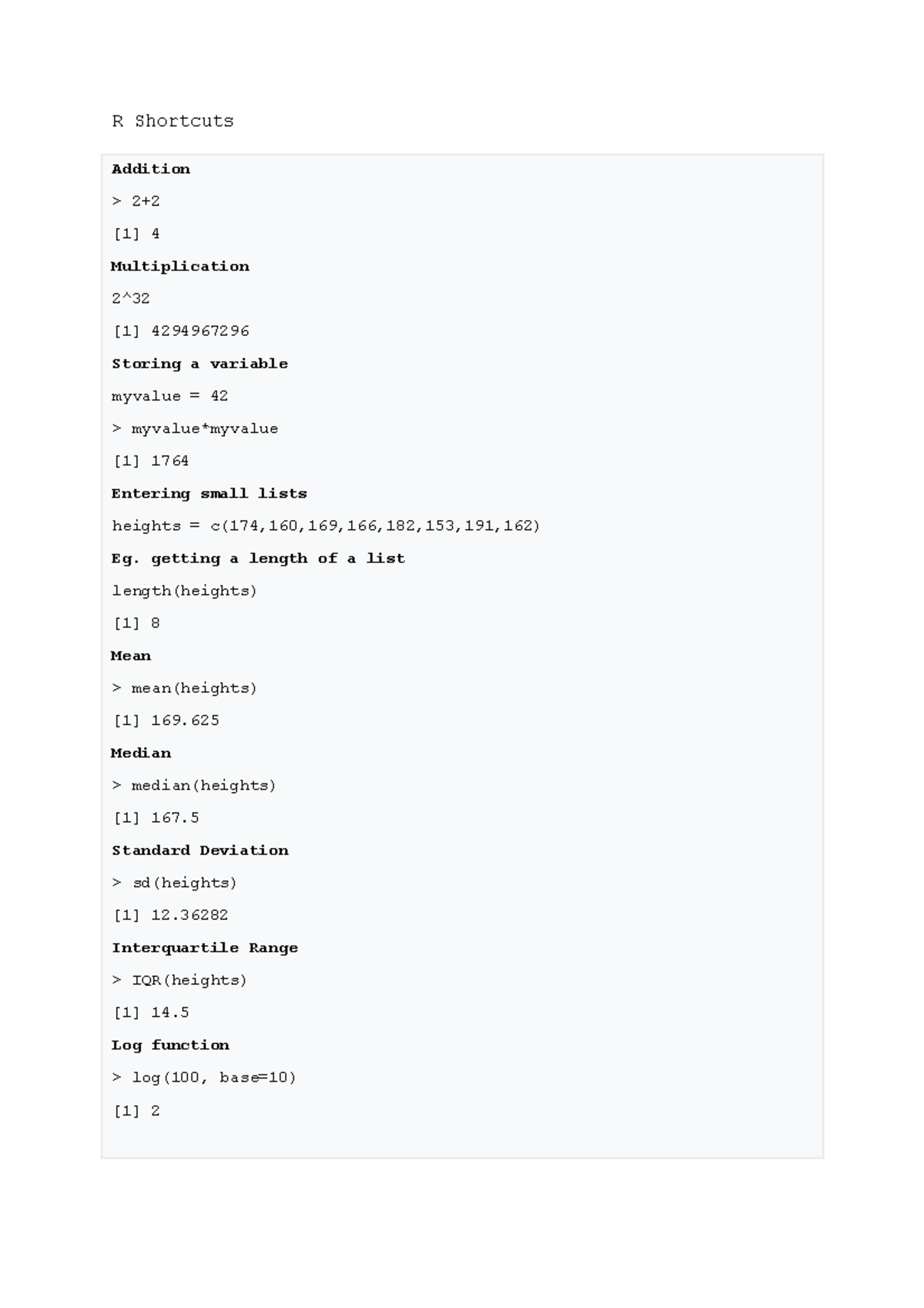 STAT1201 - R Shortcuts - R Shortcuts Addition 2+ [1] 4 Multiplication 2 ...