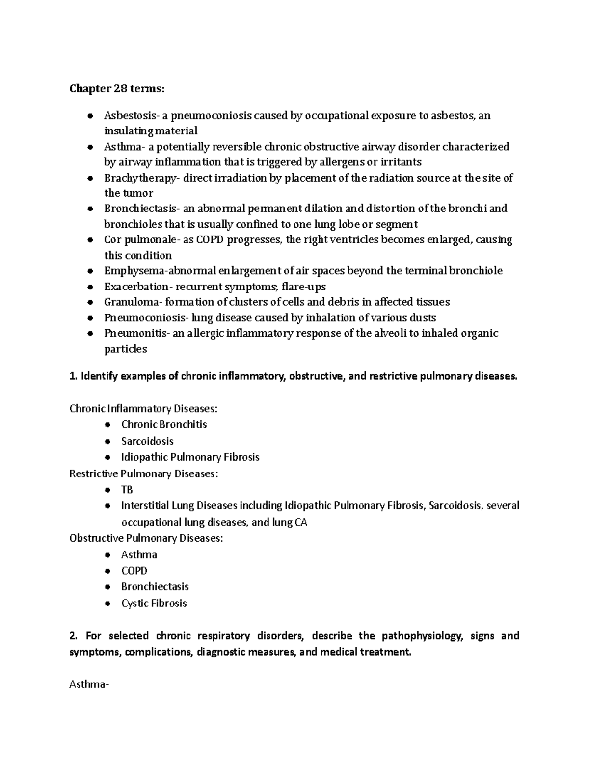 Chapter 28 Objectives - summary notes - Chapter 28 terms: Asbestosis- a ...